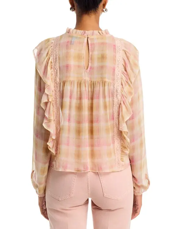 Aqua Plaid Ruffle Lace Inset Top