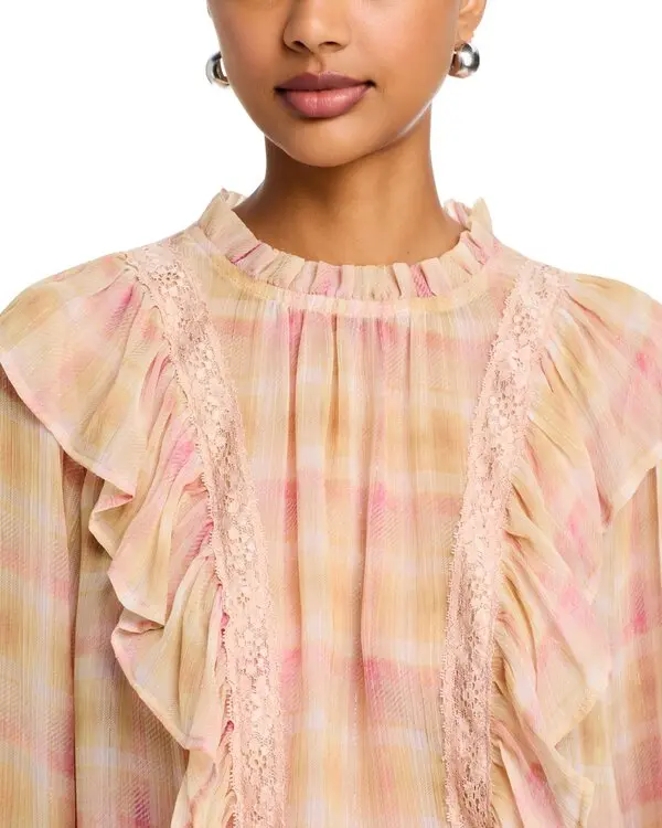 Aqua Plaid Ruffle Lace Inset Top