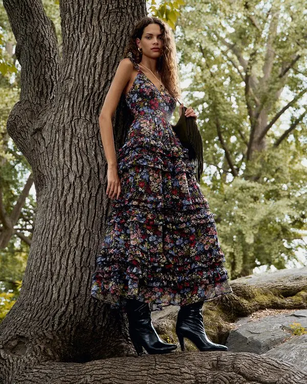 Aqua Floral Tier Sleeveless Maxi Dress
