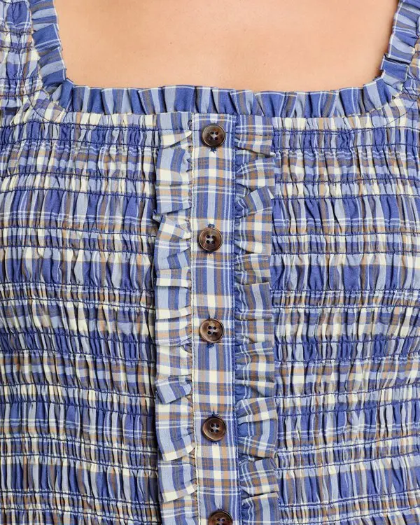 Aqua Plaid Short Sleeve Smocked Top Exclusive