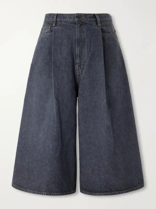 Kapital Wide-leg Pleated Denim Shorts