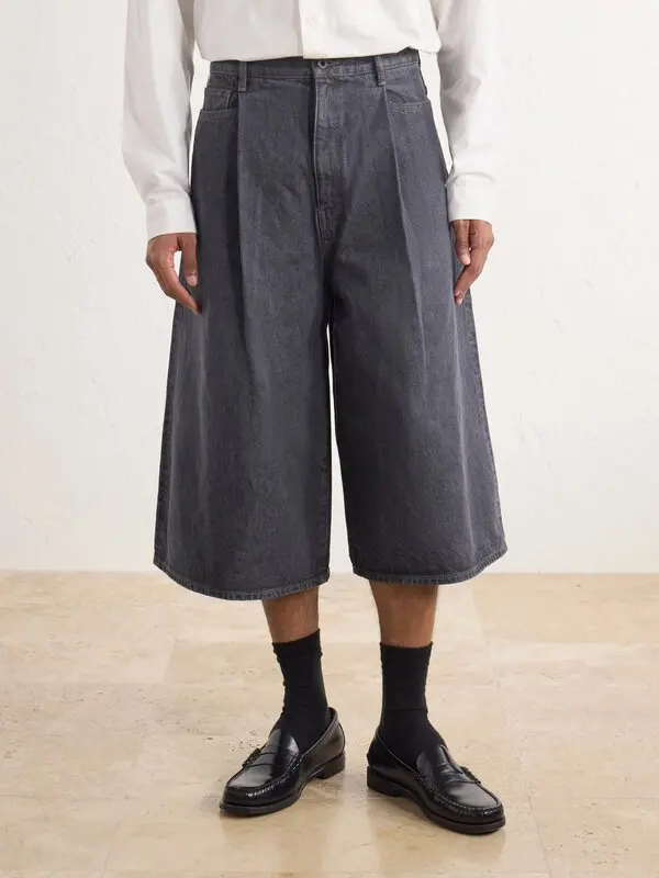 Kapital Wide-leg Pleated Denim Shorts