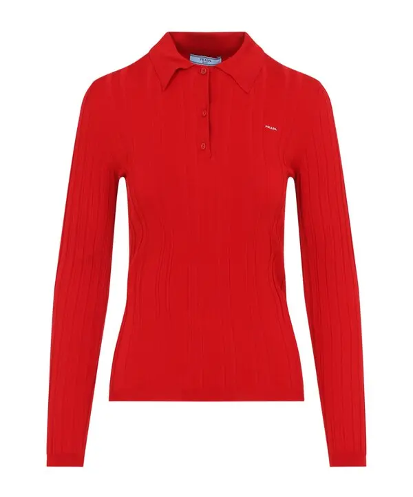 Prada Long-sleeve Ribbed Knit Polo Shirt - Red