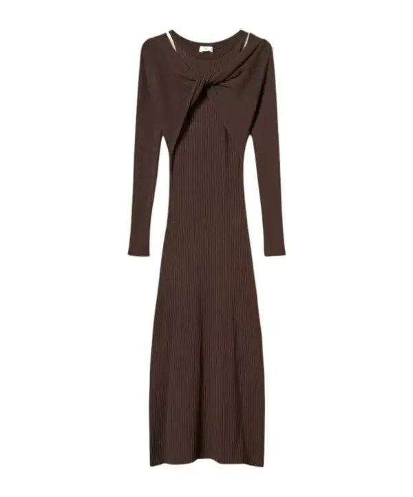 TWINSET Ribbed Knit Maxi Dress With Shawl-style Design And Front Tie
