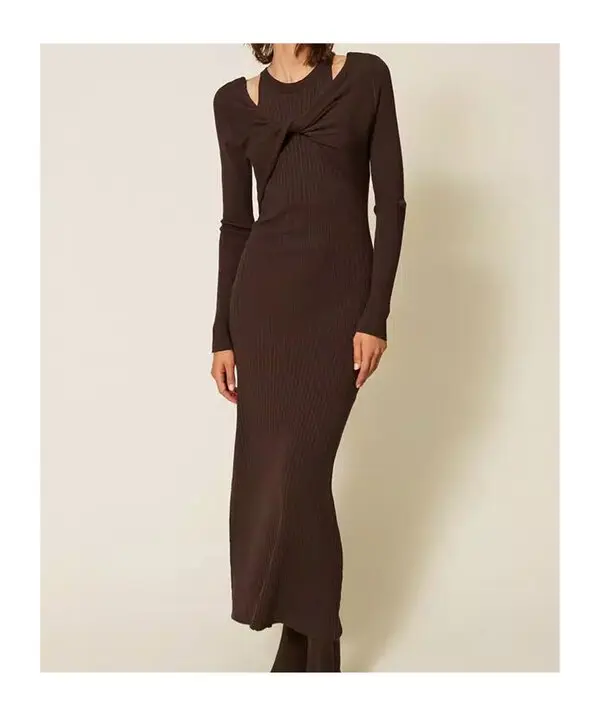 TWINSET Ribbed Knit Maxi Dress With Shawl-style Design And Front Tie
