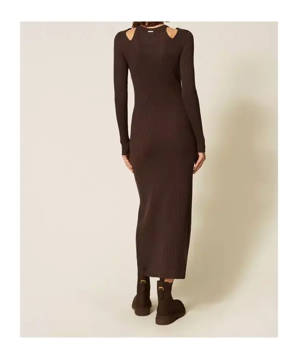 TWINSET Ribbed Knit Maxi Dress With Shawl-style Design And Front Tie