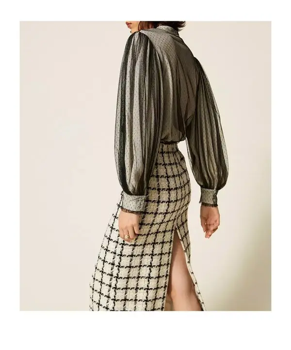 TWINSET Sheer Long Sleeve Ruffled Neck Shirt