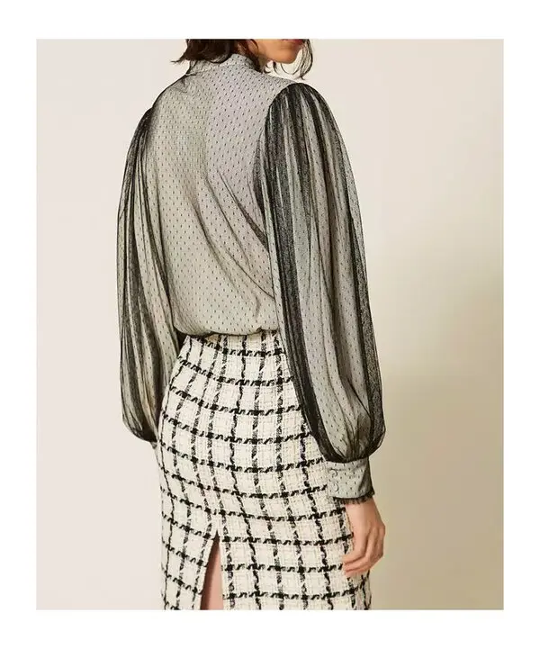 TWINSET Sheer Long Sleeve Ruffled Neck Shirt