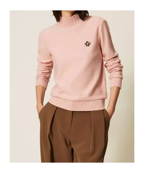 TWINSET High-neck Knit Sweater With Embellished Brooch