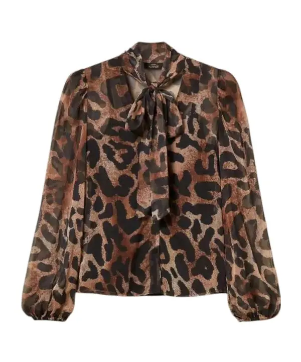 TWINSET Animal Print Sheer Bow Tie Neck Long Sleeve Shirt