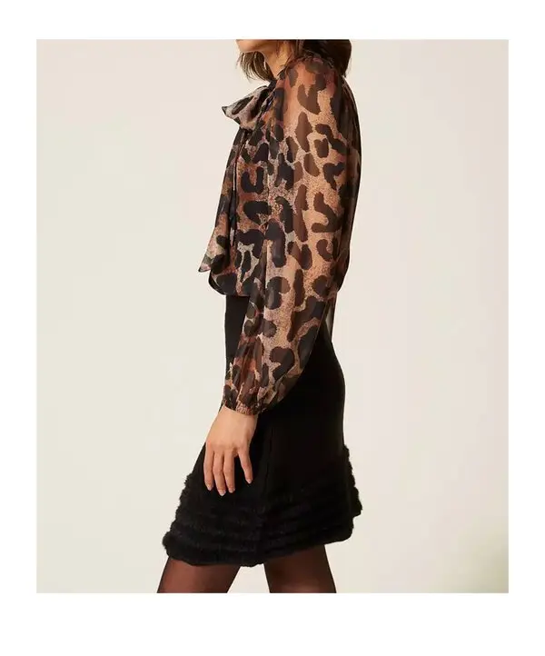 TWINSET Animal Print Sheer Bow Tie Neck Long Sleeve Shirt