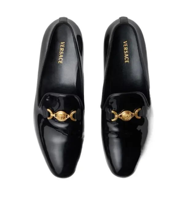 Versace Gala Patent Slippers With Medusa Hardware - Black