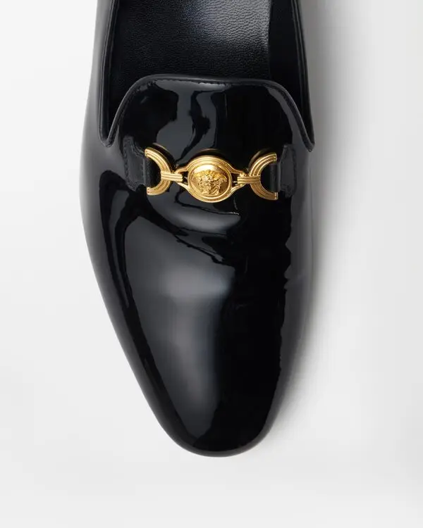 Versace Gala Patent Slippers With Medusa Hardware - Black
