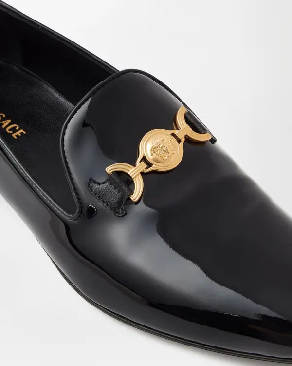 Versace Gala Patent Slippers With Medusa Hardware - Black