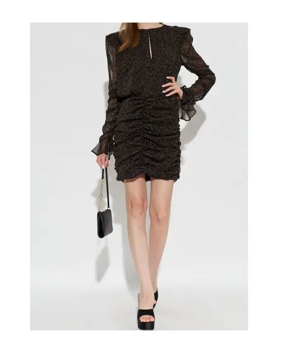 ROTATE BY BIRGER CHRISTENSEN Long-sleeved Leopard Print Ruched Dress