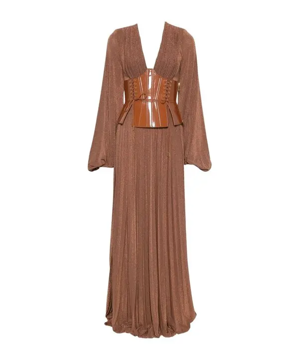 Elisabetta Franchi Pleated Lace-up Maxi Dress - Brown