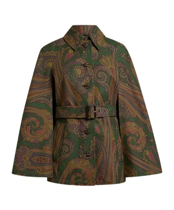 Etro Cotton Gabardine Trench Coat-style Cape With Paisley Motif - Green