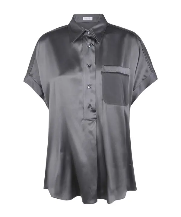 Brunello Cucinelli Collared Short-sleeved Shirt With Chest Pocket - Gray