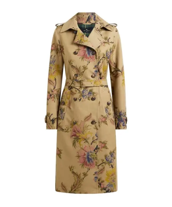 Etro Cotton Gabardine Trench Coat With Floral Motif - Light Brown