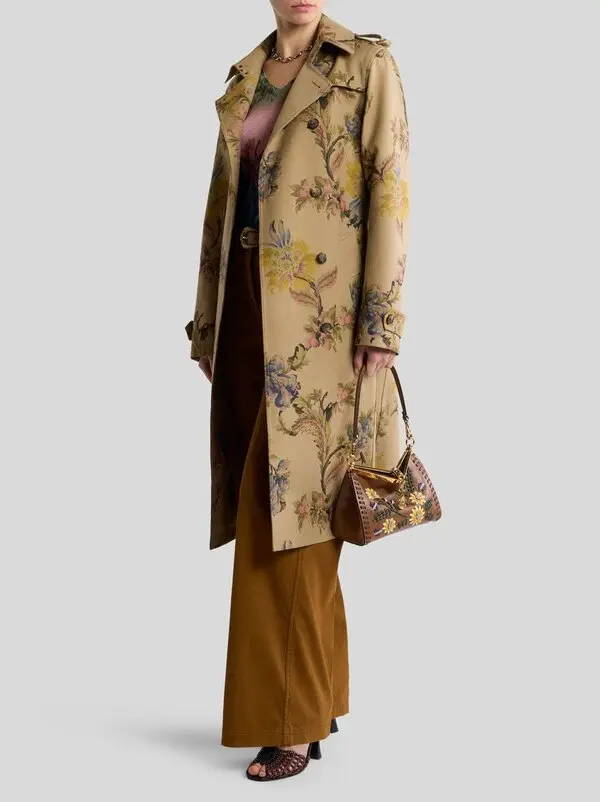 Etro Cotton Gabardine Trench Coat With Floral Motif - Light Brown
