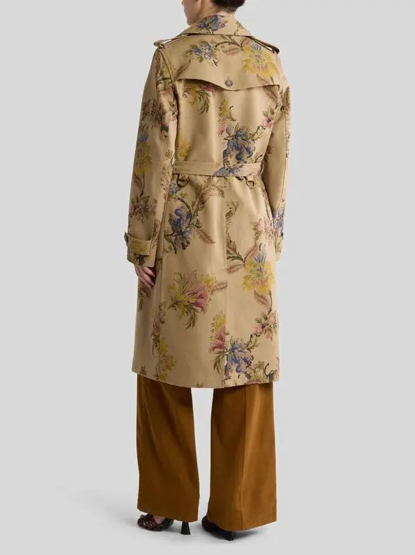 Etro Cotton Gabardine Trench Coat With Floral Motif - Light Brown
