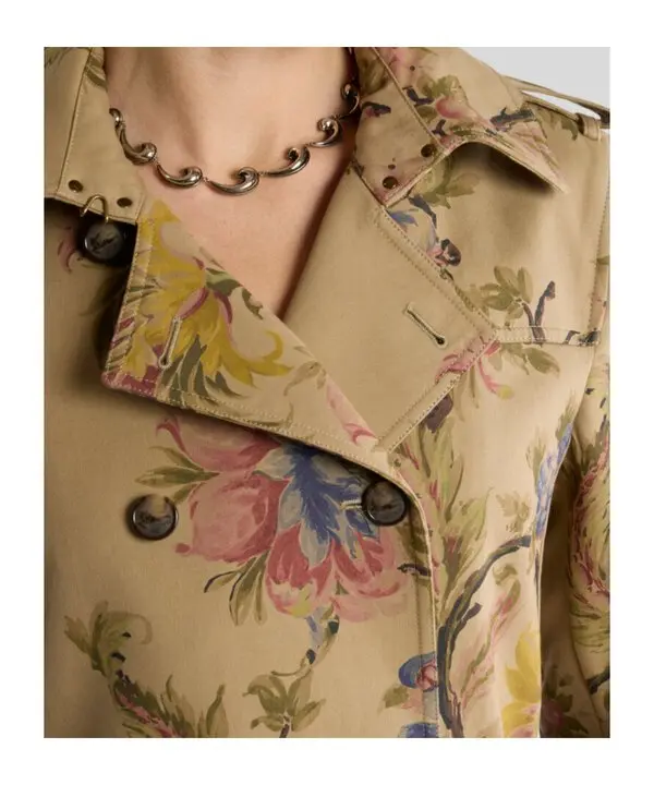 Etro Cotton Gabardine Trench Coat With Floral Motif - Light Brown