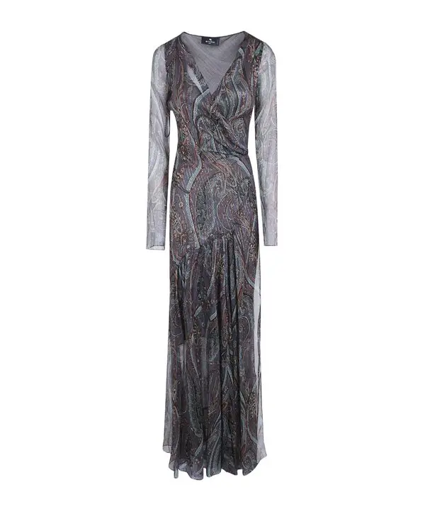Etro Long Sleeve V-neck Paisley Pleated Maxi Dress