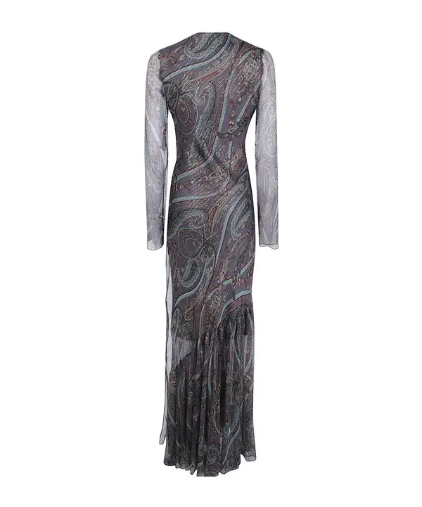 Etro Long Sleeve V-neck Paisley Pleated Maxi Dress