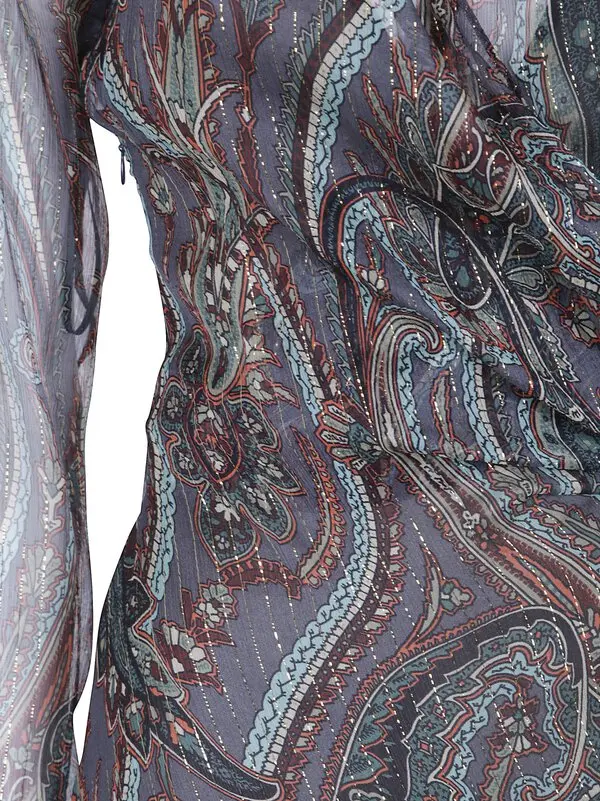 Etro Long Sleeve V-neck Paisley Pleated Maxi Dress
