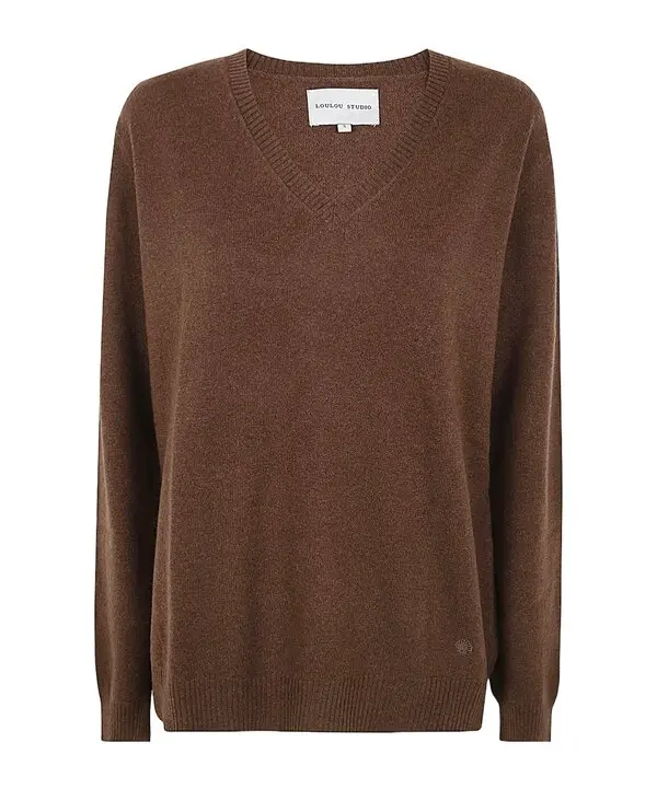 Loulou De Saison Ribbed V-neck Sweater With Embroidered Detail - Mocha
