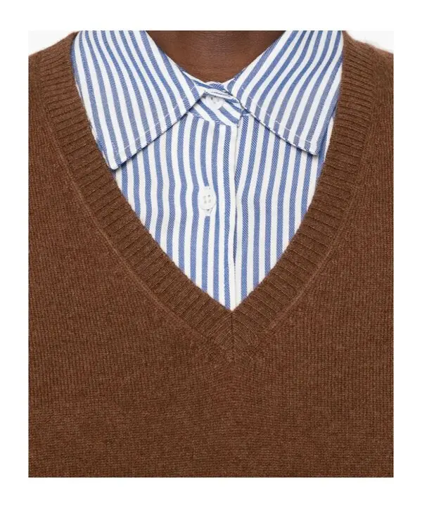 Loulou De Saison Ribbed V-neck Sweater With Embroidered Detail - Mocha