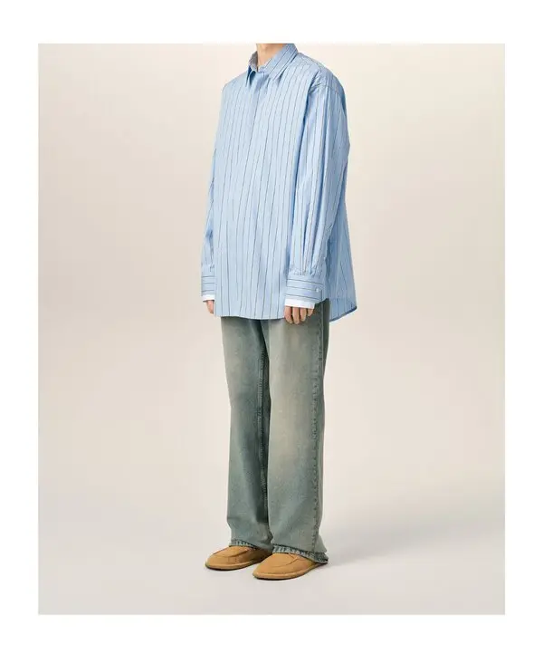 AMI Paris Blue Large Striped Cotton Shirt With Removable Collar