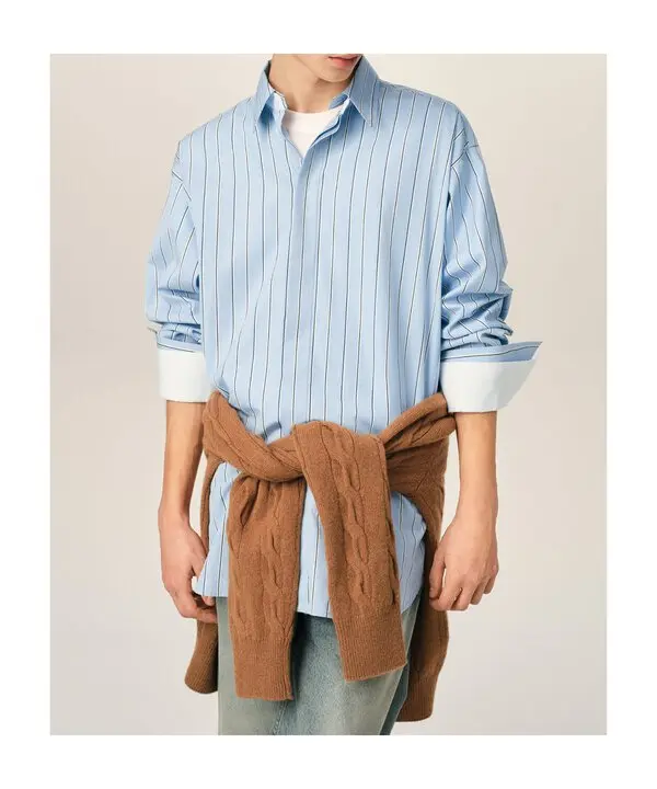 AMI Paris Blue Large Striped Cotton Shirt With Removable Collar