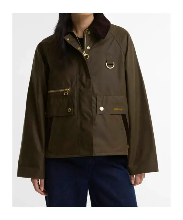 Barbour Waxed Cotton Jacket With Corduroy Collar And Embroidered Pocket