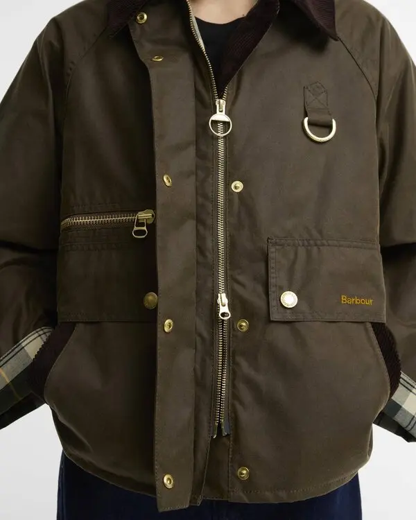 Barbour Waxed Cotton Jacket With Corduroy Collar And Embroidered Pocket
