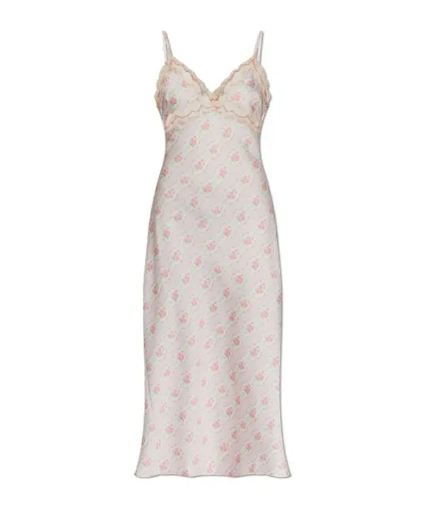 LoveShackFancy Printed V-neck Lace Trim Midi Dress - No