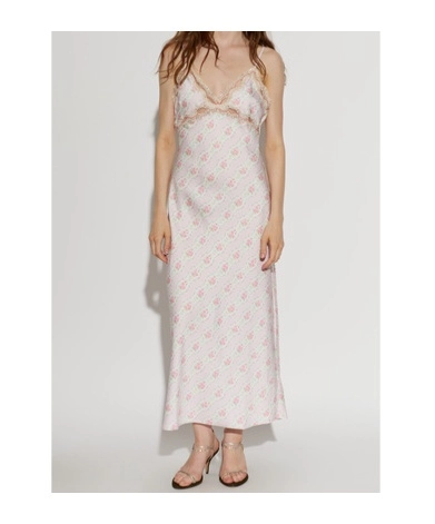 LoveShackFancy Printed V-neck Lace Trim Midi Dress