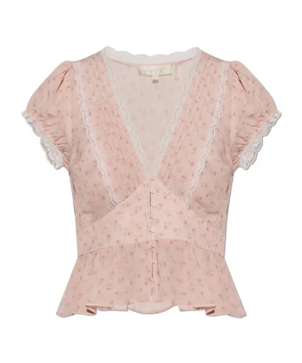 LoveShackFancy Bondy Lace Trim Peplum Top - Nude