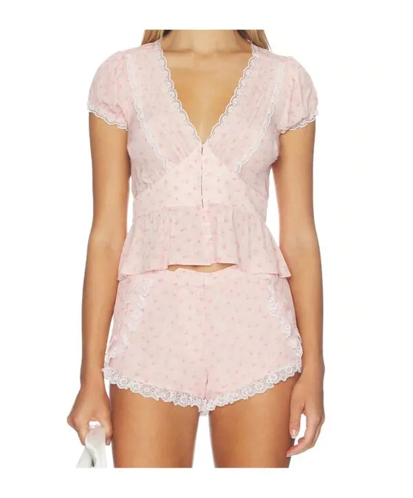 LoveShackFancy Bondy Lace Trim Peplum Top - Nude