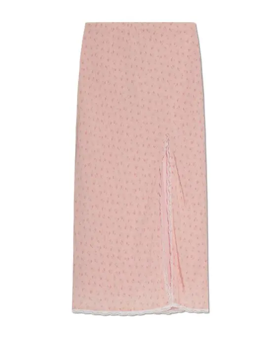 LoveShackFancy Floral Print Midi Skirt With Lace Trim - Nude