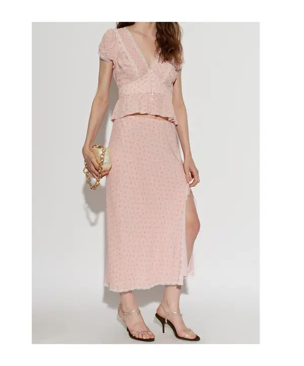 LoveShackFancy Floral Print Midi Skirt With Lace Trim - Nude