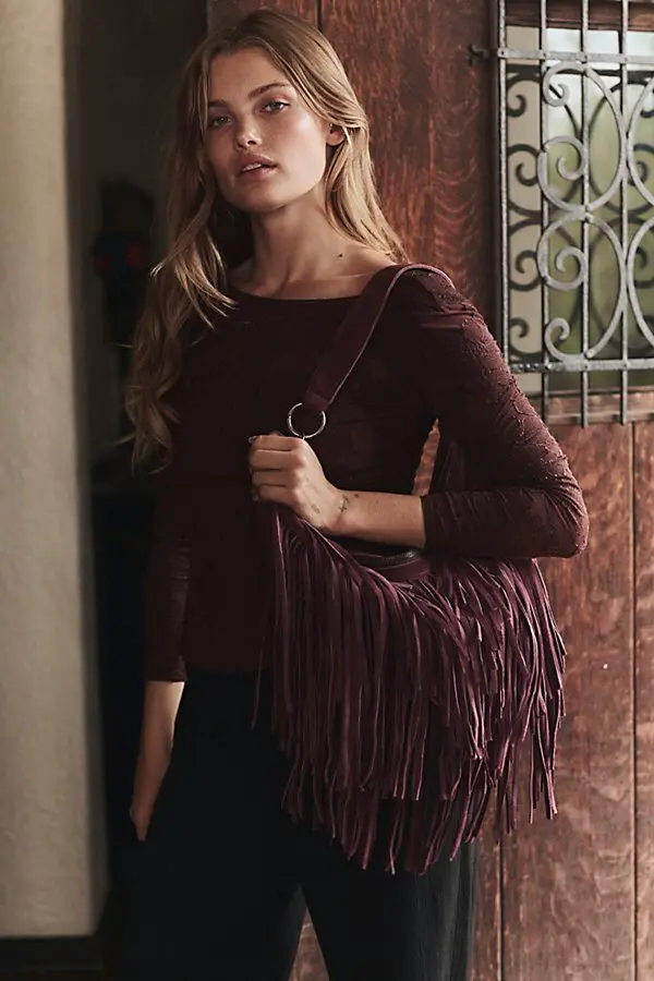 Free People Suede Fringe Shoulder Bag - Plum