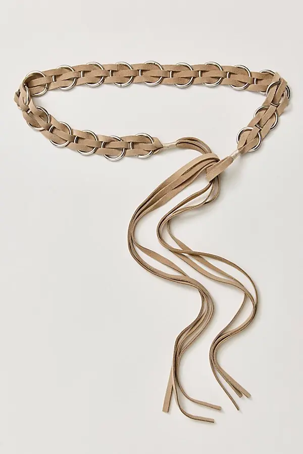 Free People Woven Suede Wrap Belt With Metal Rings And Fringe - Biscotti
