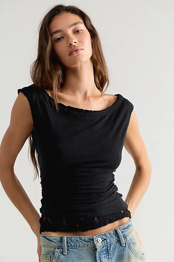 Free People Emma Twofer Knit Top With Lace Detail - Black