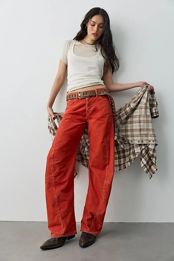 Free People Fable Washed Cord Low-rise Twisted Bowed Jeans - Firey Red
