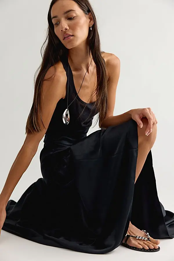 Free People Juliette Satin Maxi Skirt - Black