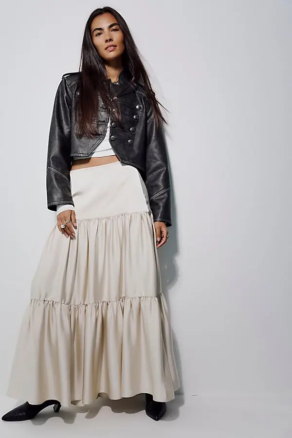 Free People Juliette Satin Tiered Maxi Skirt - Sandshore