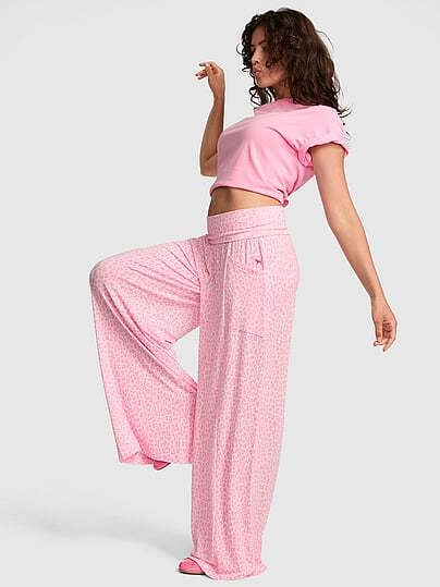 Pink 24/7 Lounge Modal Foldover Wide-leg Pants - Print