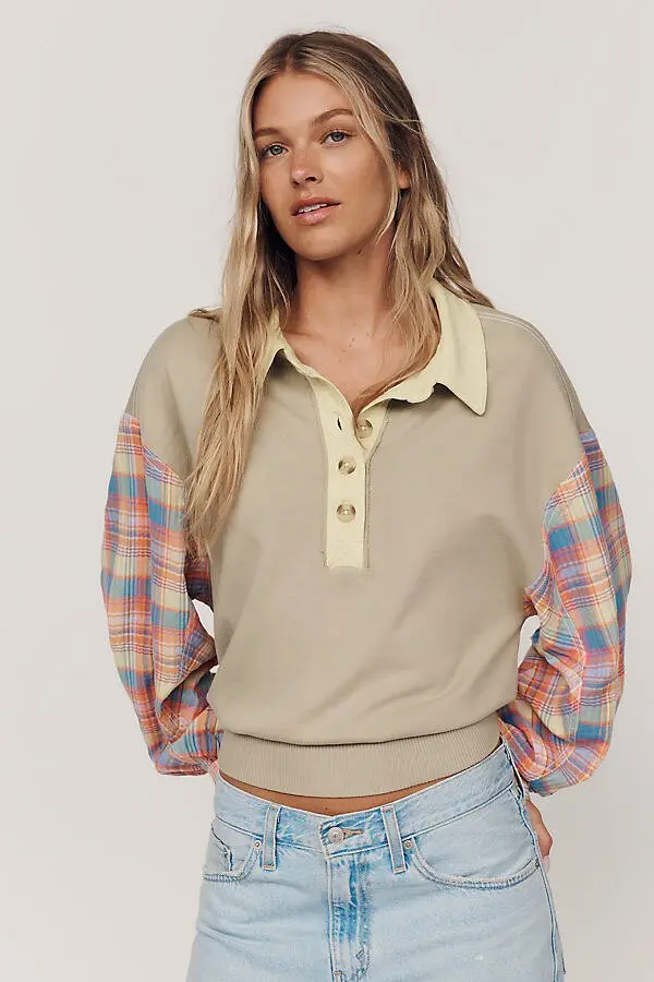 PILCRO 100% Cotton Mixed Knit Pullover With Plaid Sleeves And Contrasting Collar - Green Pattern