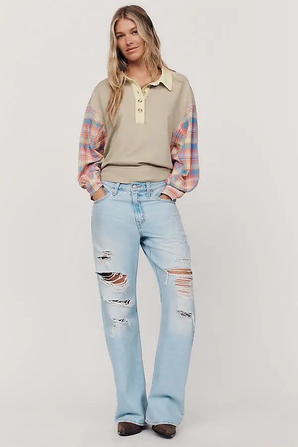 PILCRO 100% Cotton Mixed Knit Pullover With Plaid Sleeves And Contrasting Collar - Green Pattern